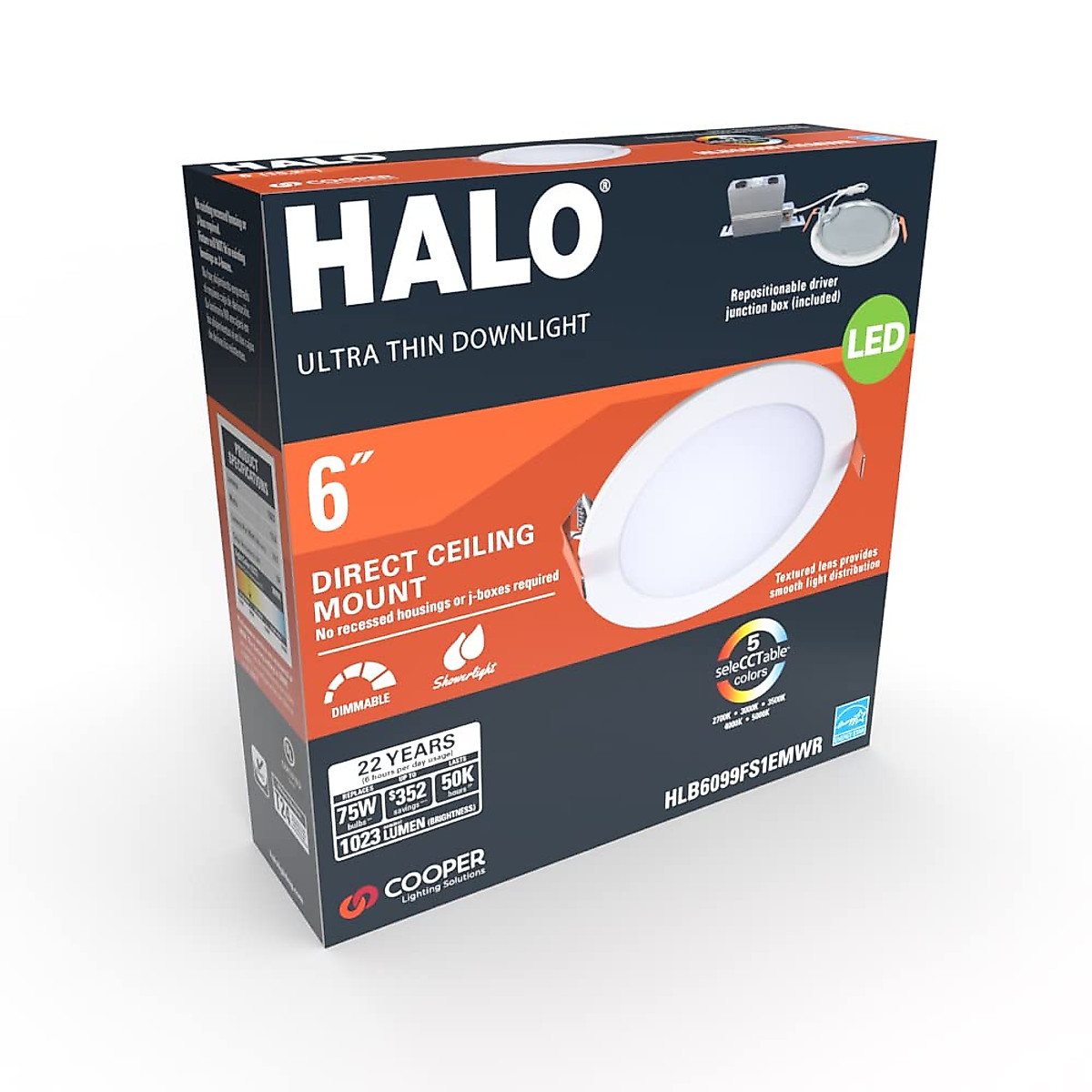 HALO 6 inch Recessed LED Ceiling & Shower Disc Light – Canless Ultra Thin Downlight – 5 CCT Selectable - White - 6 Pack