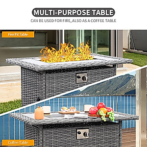 60000 BTU Wicker Gas Fire Pit Outdoor Fire Pit Table 45 Inch Fire Pits for Outside with Woodgrain Marble Tabletop Fire Pit Cover and Blue Crystal Beads