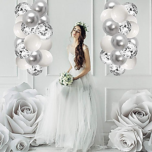 RIIMUHIR White Silver Confetti Party Balloons - 60 Pcs 12inch White Pearl Silver Metallic Chrome Latex Balloon Set with 33Ft Silver...