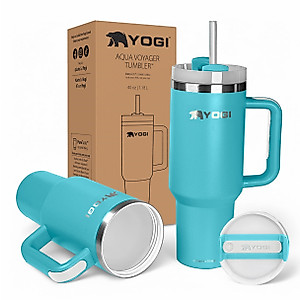 YOGI Ceramic Lined Tumbler with Handle and Straw Lid, Stainless Steel Travel Mug & Water Tumbler, Vacuum Sealed Cup with Handle - 40oz Aqua