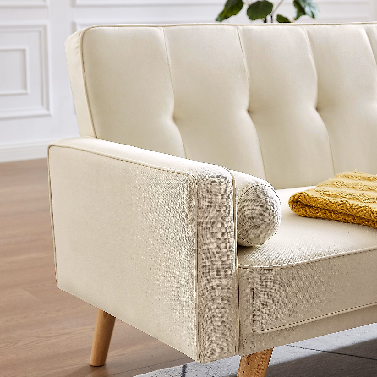 Mid-Century Convertible Futon Sofa Bed,Modern Linen Fabric Small Loveseat,Folding Sleeper Couch Bed with Armrests & 2 Pillows,Recliner Sofa with Solid wood Legs for Living Room Office (Beige)