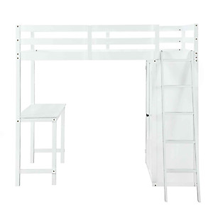 ATY Twin Size Loft Bed with 4 Storage Shelves and Wardrobe, Solid Wood Bedframe w/Desk & Ladder, Maximum Space, No Spring Needed Required, for Kids Teens Adults, White