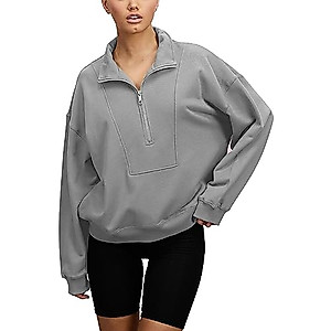 Fixmatti Women Oversized Zip Up Sweatshirts Half Zipper Long Sleeve Drop Shoulder V Neck Pullover Tops Light Grey M