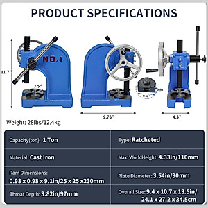 PNBO Arbor Press 1 Ton,Ratchet Leverage Arbor Press with Handwheel,Manual Desktop Punch Press Machine Metal Arbor Press Tool,for Stamping,Bending,Stretching,Forming
