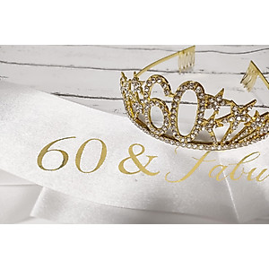 Mayin Happy 60th Birthday Tiara and Sash Gifts Crystal Rhinestone Princess Crown Birthday Queen Party Favor Supplies Gold Crowns White Sash