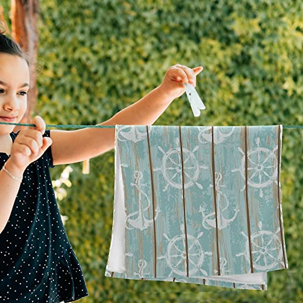 Wamika Nautical Theme Anchor Hand Bath Towel Hanging Towels Set Vintage Wood Board Print Turquoise Kitchen Dish Towel Highly Absorbent 2pcs