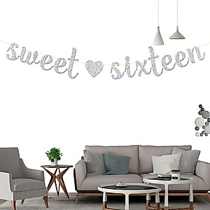 Silver Glitter Sweet Sixteen Banner - Happy 16th Birthday Banner - 16th Birthday Party Decorations for Girls - Sixteen Years Old Decorations