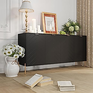 Clihome Storage Cabinet with 4 Doors，63 Inch Monden Accent Cabinet with Adjustable Shelf，Free-Standing Sideboard with Gold Legs for Hallway, Living Room, Black