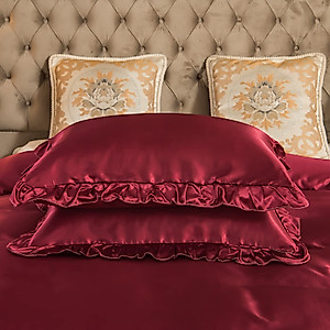 3 Pieces Satin Duvet Cover Silky Red Bedding Set Luxury Satin Lace Ruffled Fringed Super Smooth Soft Silk Like Microfiber Burgundy Red Duvet Cover Set Queen with 2 Pillowcases