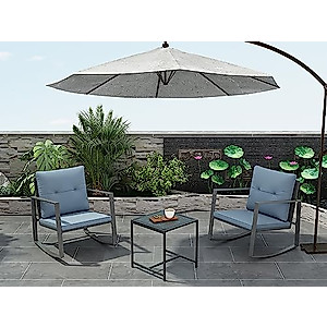 Pyramid Home Decor 3 Piece Rocking Bistro Set - Synthetic Wicker Outdoor Furniture - Glass Coffee Table with 2 Chairs for Balcony, Patio & Porch - Black Metal, Soft Cushions (Gray)