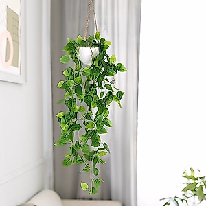 FIAHOSEY Faux Plants Indoor - 2Pcs Fake Hanging Potted Pothos Plant for Home Decor Artificial Greenery for Bedroom Living Room Office Garden Wall Shelf Decor