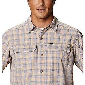 Columbia Men’s Silver Ridge Short Sleeve Seesucker Shirt, Moisture Wicking, Sun Protection, Mocha Gingham Ombre, Small