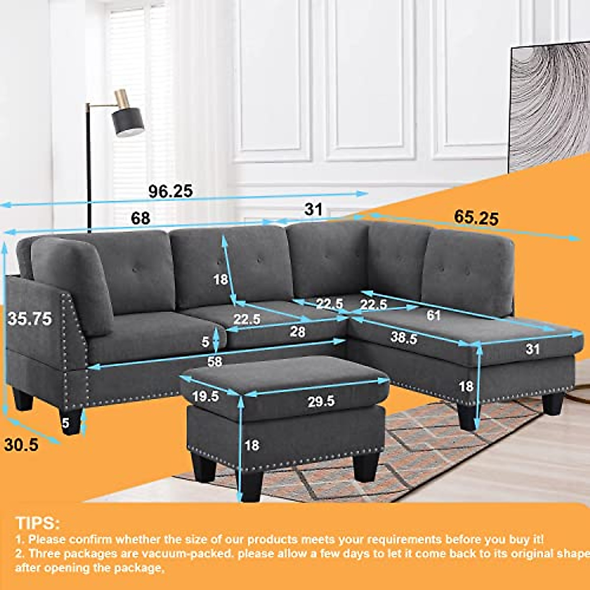 Flesser Small Sectional Sofa with Chaise Lounge Sofa and Convertible Ottoman L Shape Living Room Small Couches 3 Seat Sofa Couch for Home Office, Right Facing Couch in Dark Grey