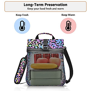 MNSRUU Insulated Lunch Bags Women Men, Rainbow Leopard Portable Reusable Thermal Meal Tote Cooler Bag Organizer, Adjustable Shoulder Strap, Handle