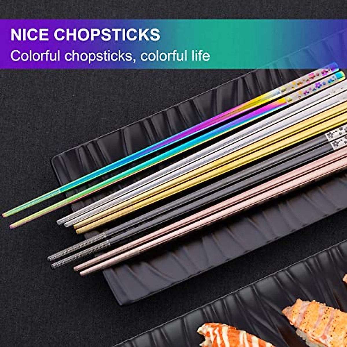 FOFAYU Metal Chopsticks Reusable 5 Pairs Multicolor Stainless Steel Chopsticks Dishwasher Safe Square Lightweight Non-Slip Chop Sticks Gift Set