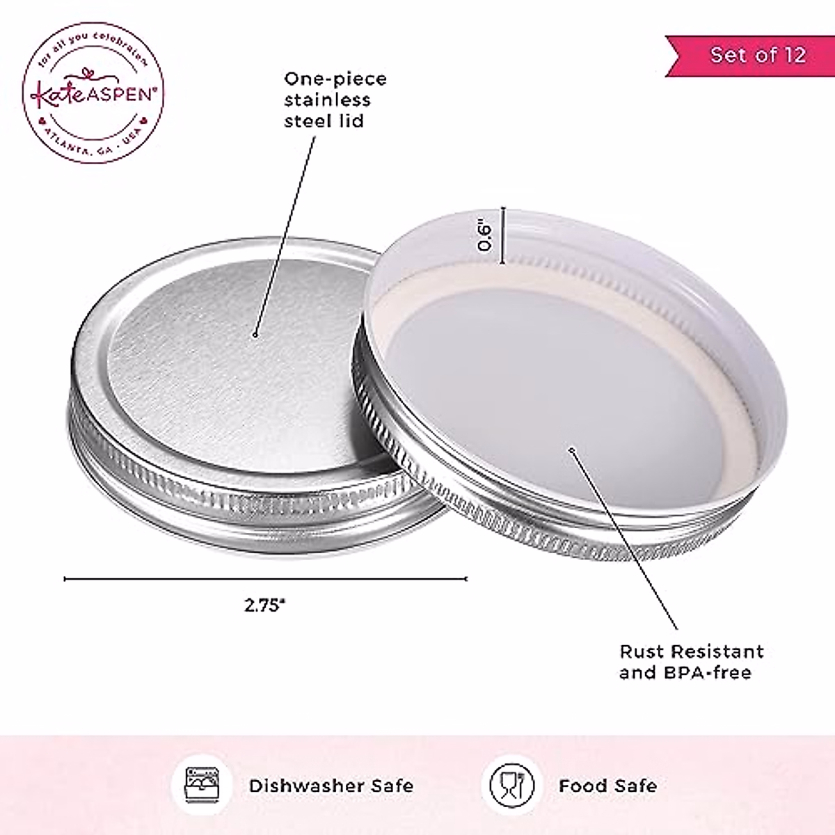 Kate Aspen Mason Jar Lids, Solid Canning Lids (Set of 12), Party Favors, Fits 8 oz, 12 oz and 16 oz Mason Jars