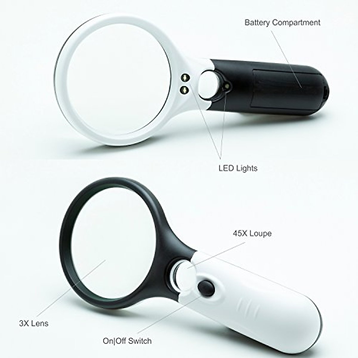Lighted Magnifying Glass with 3X Magnifier for Reading and 45x Loupe Use as Magnifying Lens, Jewelers Loupe, or Coin Magnifying Glass with Light, or Handheld Small Magnifying Glass for Reading Labels