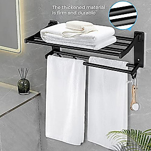 COSIFO Black Bathroom Shelf with Towel Bar and Shower Hooks, 15.5inch Wall Mounted Shower Storage Shelf, Space Aluminum Double Layer Towel Rack Hanger