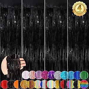 Black Metallic Tinsel Foil Fringe Curtains, 4 Pack 3.3x8.3 Feet Streamer Backdrop Curtains for Birthday Party Decorations, Halloween Decor, Foil Curtain Backdrop for Bachelorette Party