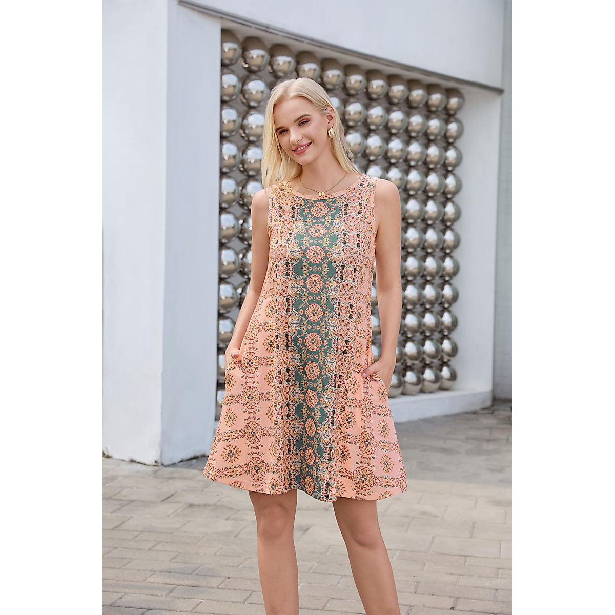 Sundress for Women Floral Bohemian Dress Sleeveless Loose Aline Beach Cover Up(Pink Boho Flower,M)