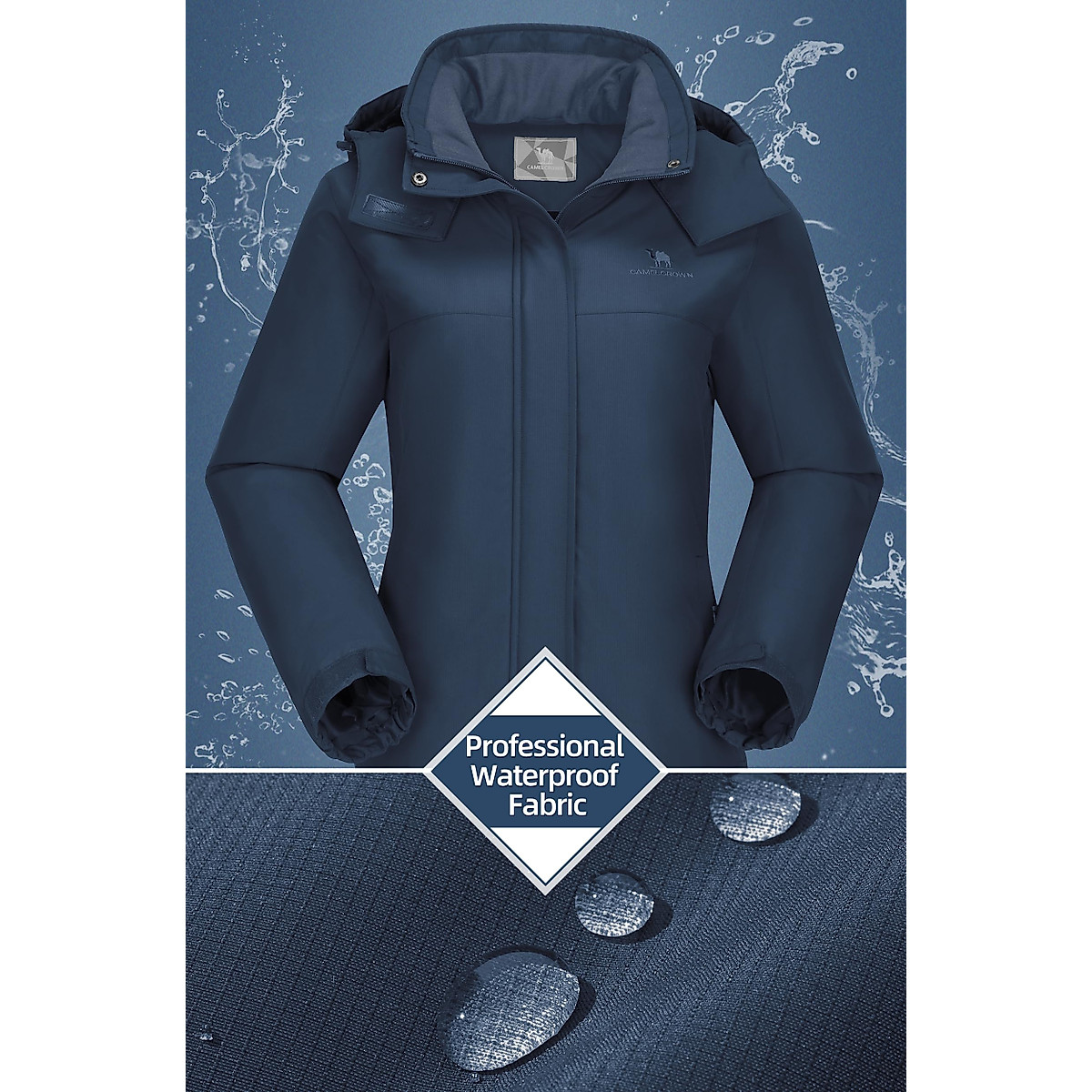 CAMEL CROWN Women's Ski Jacket Thicken Winter Snow Coat Warm Fleece Mountain Waterproof Female Jacket Hooded Windbreaker Blue 3XL