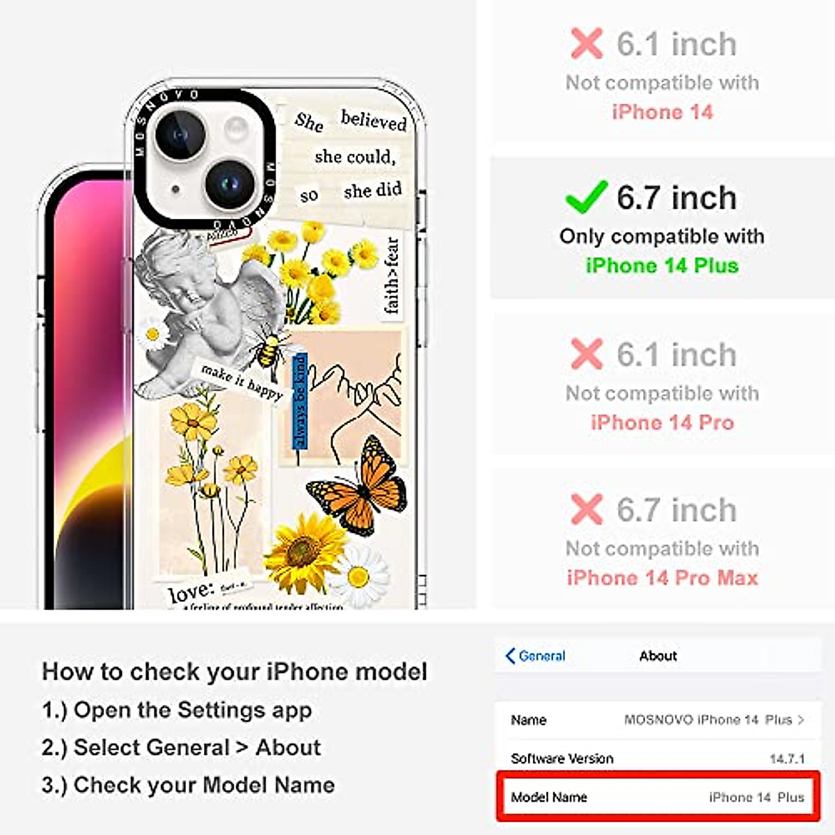 MOSNOVO Compatible with iPhone 14 Plus Case, [Buffertech 6.6 ft drop Impact] [Anti Peel Off Tech] Clear TPU Bumper Women Girl Phone Case Cover with Vintage Collage Art Designed for iPhone 14 Plus 6.7"