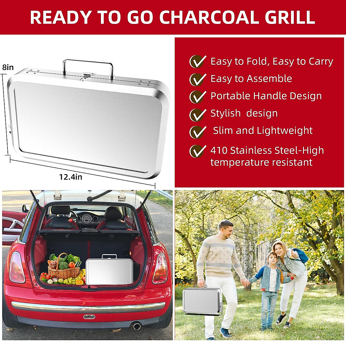 COWEKAI Mini Charcoal Grill, Portable Backpack Stainless Steel BBQ Grill, Table Top Collapsible Barbecue Grill for Small Patio and Backyard, Foldable Outdoor Accessories for Camping, Picnic, Beach