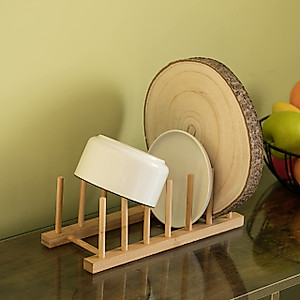 Basicwise Set of 2 Bamboo Wooden Dish Drainer Rack, Plate Rack, and Drying Drainer (6 Grid)