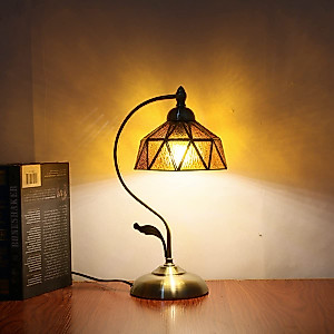 DOnhek Tiffany Retro Style Stained Glass Table L Tiffany Style Classical Lamp Retro Bedside American Desktop Study Brass Decoration Personality Glass Table Lamp (Coffee Color)
