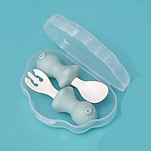Edison Friends Self-Feeding Silicon Spoon and Fork Set with Case, 100% Platinum Silicon, Octopus Shape (Mint), Made in Korea