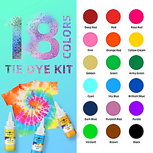 HTVRONT Tie Dye Kit for Kids and Adults - 18 Colors 80ML Pre-Filled Bottles Permanent Non-Toxic Tye Dye Kits for Clothing T-Shirt Fabric Textile Craft Party Handmade Project(Just Add Water)