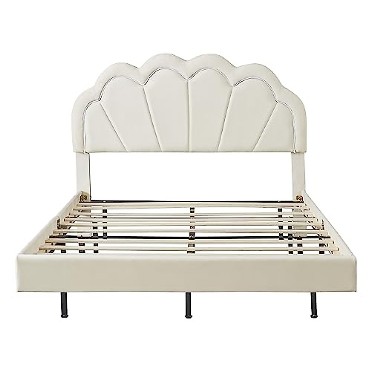 Harper & Bright Designs Floating Upholstered Full Platform Bed with LED Lights and Flowers Headboard. Velvet Full Size Bed Frame with Wooden Slats Support, No Box Spring Needed (Full, Beige)