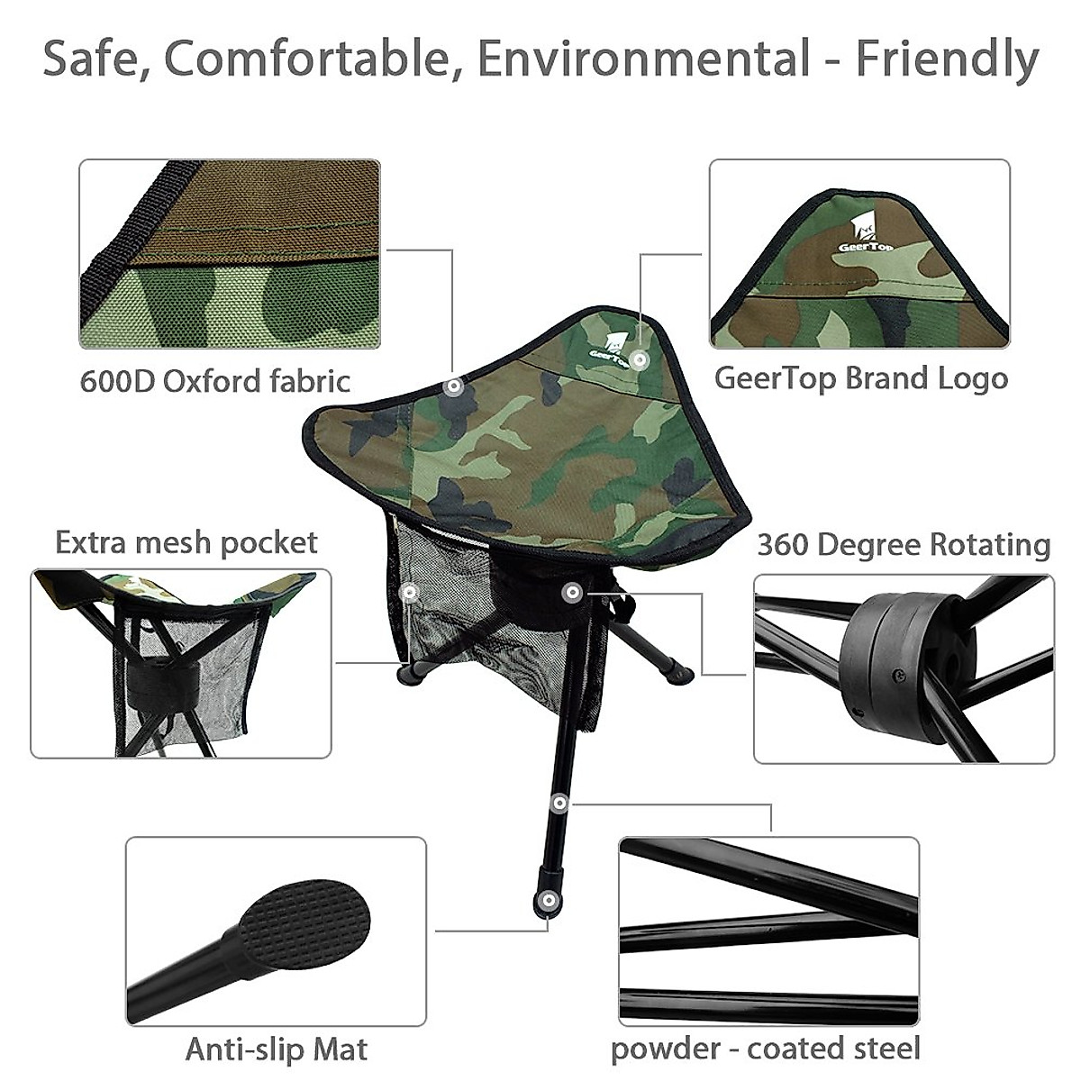 GEERTOP Portable Camping Swivel Folding Stool Seat Foldable Camp Tripod Chair Outdoor Survival Gear for Hiking Fishing Hunting Travel