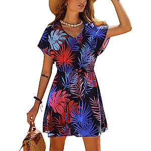 Ekouaer Women's Cover Ups Casual Swimsuit Coverups Flowy Tie Waist Beach Cover Up Dress(Black Red Leaf, X-Large)