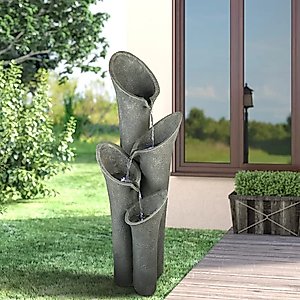 PeterIvan Waterfall Garden Fountain w/ LED Lights - 33 1/2” H Curved Cascading Indoor Outdoor Water Fountain with Built-in Quiet Pump&LED Lights, Perfect Garden Water Feature, Patio Fountain