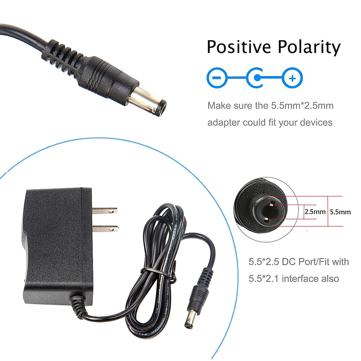 COOLM AC to DC 12V 500mA Power Supply Adapter 100-240V 50 60hz to 12V 0.5A Charger 6W 5.5mm x 2.5mm DC Plug for CCTV Security Camera Router