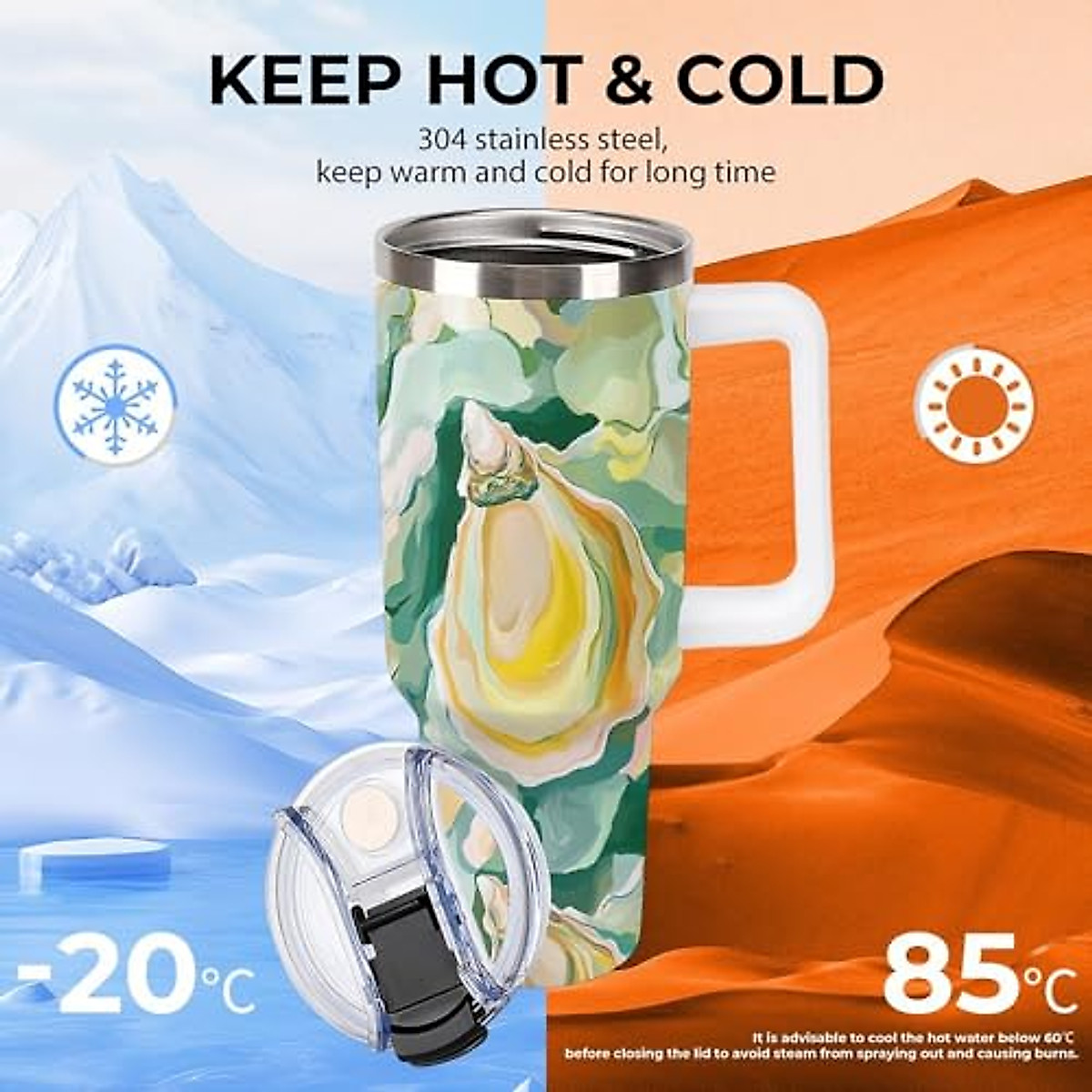 Oysters Watercolor Pattern Insulated Tumblers with Handle Stainless Steel Coffee Mug Funny Travel Cup with Lid Straw 40oz