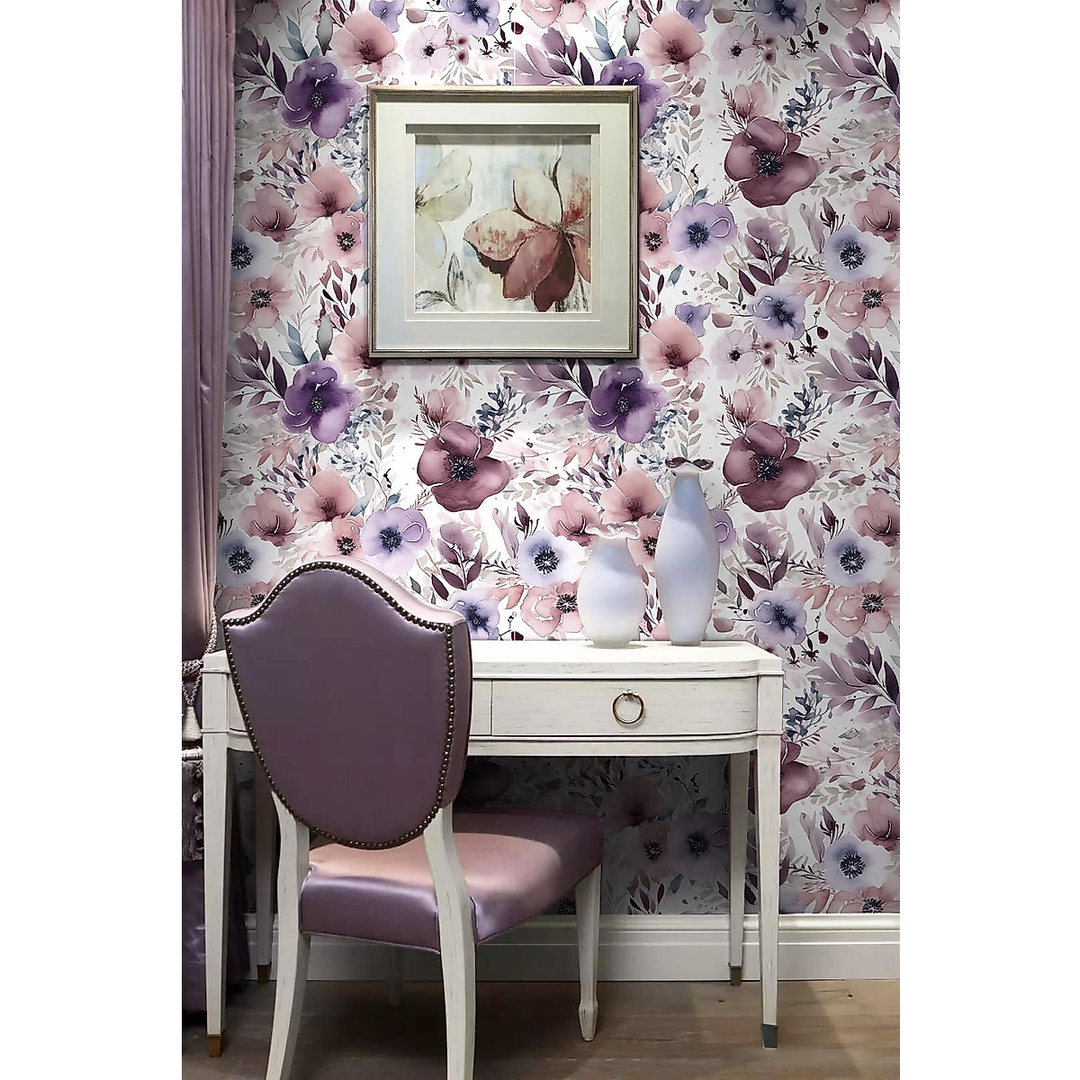 HAOKHOME 93349 Floral Peel and Stick Wallpaper Removable Wall Paper Mauve/Purple/White Vinyl Stick on Wall Contact Paper 17.7in x 9.8ft