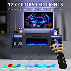 LUXOAK Fireplace TV Stand for TVs up to 75", Modern High Gloss Entertainment Center with 40" Fireplace, 4 Shelves & Storage Cabinets, Media Console Table 68 Inches, Black