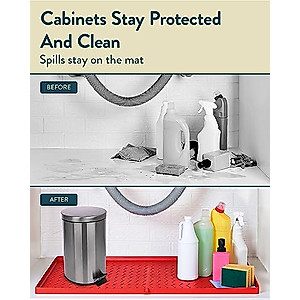 Under Sink Drip Tray - Silicone Liner Mat for Under Kitchen or Bathroom Sink - Waterproof Organizer Protects Floors from Leaks - 34" x 22" Red