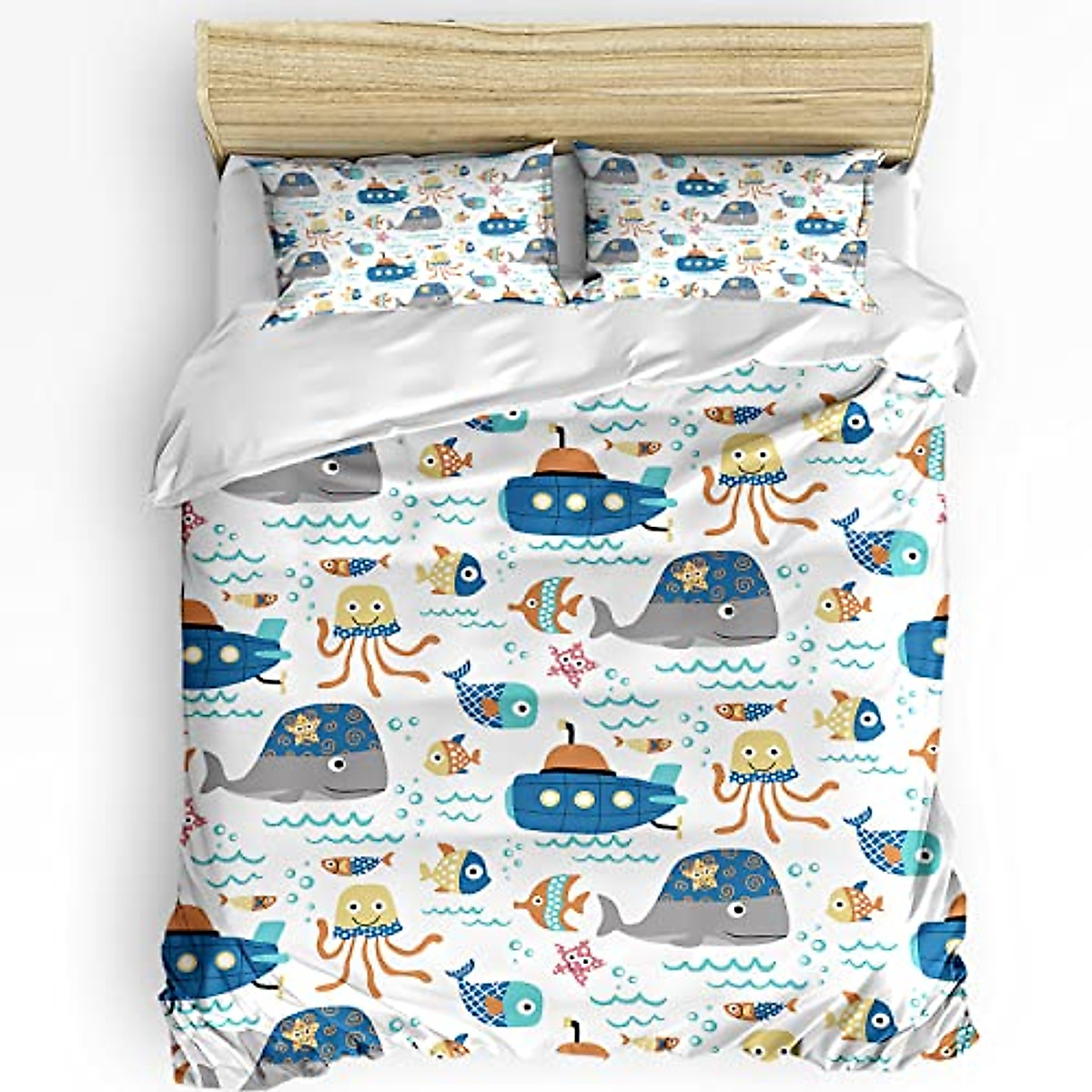 Duvet Cover, Washed Microfiber Comforters Twin Size, Ocean Adventure Submarine Cute Animals Duvet Cover and 2 Pillow Shams, Room Decor Aesthetic 3 Piece Bedding Sets Twin for Kids Teens Adults