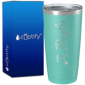 Personalized Heart Stethoscope Nurse, RN, LPN, CNA, CMA, MA Laser Engraved on Seafoam 20 oz Stainless Steel Tumbler with Lid - Insulated Cup - Travel Mug