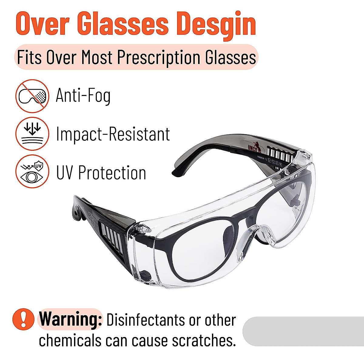 UNCO- Safety Goggles Over Glasses, Protective Goggles, Safety Goggles Anti Fog, Work, Safety Glasses Over