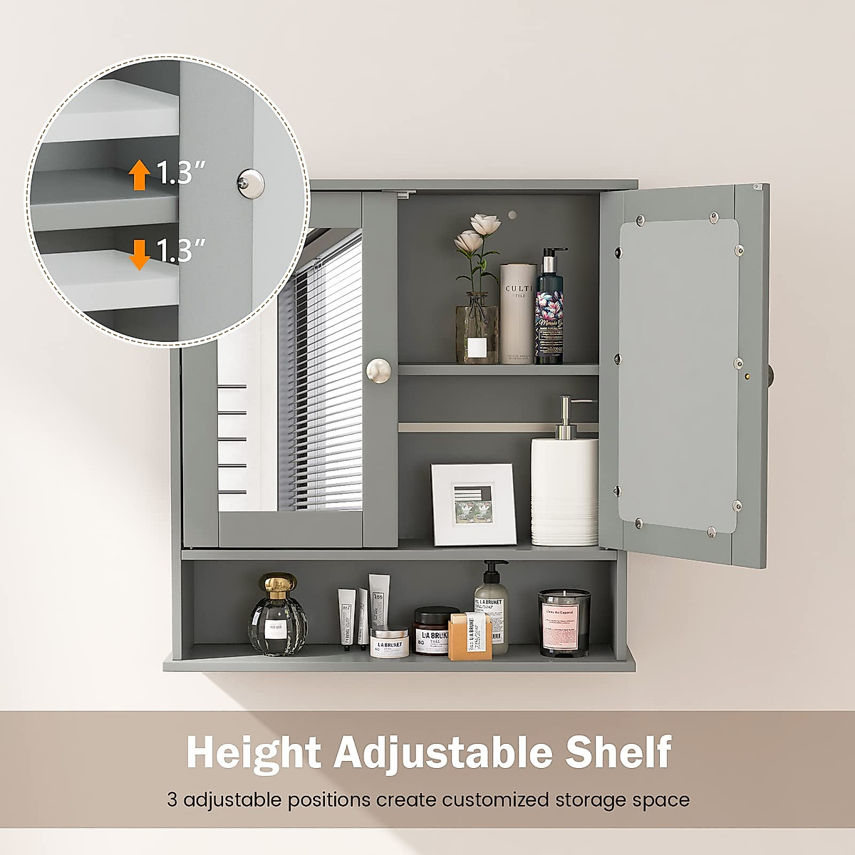 Byroce Bathroom Medicine Cabinet, Bathroom Wall Cabinet with 2 Mirror Doors & Adjustable Shelf, Over Toilet Storage, Wood Wall Mounted Storage Cabinet for Laundry Room, Living Room, Kitchen (Grey)