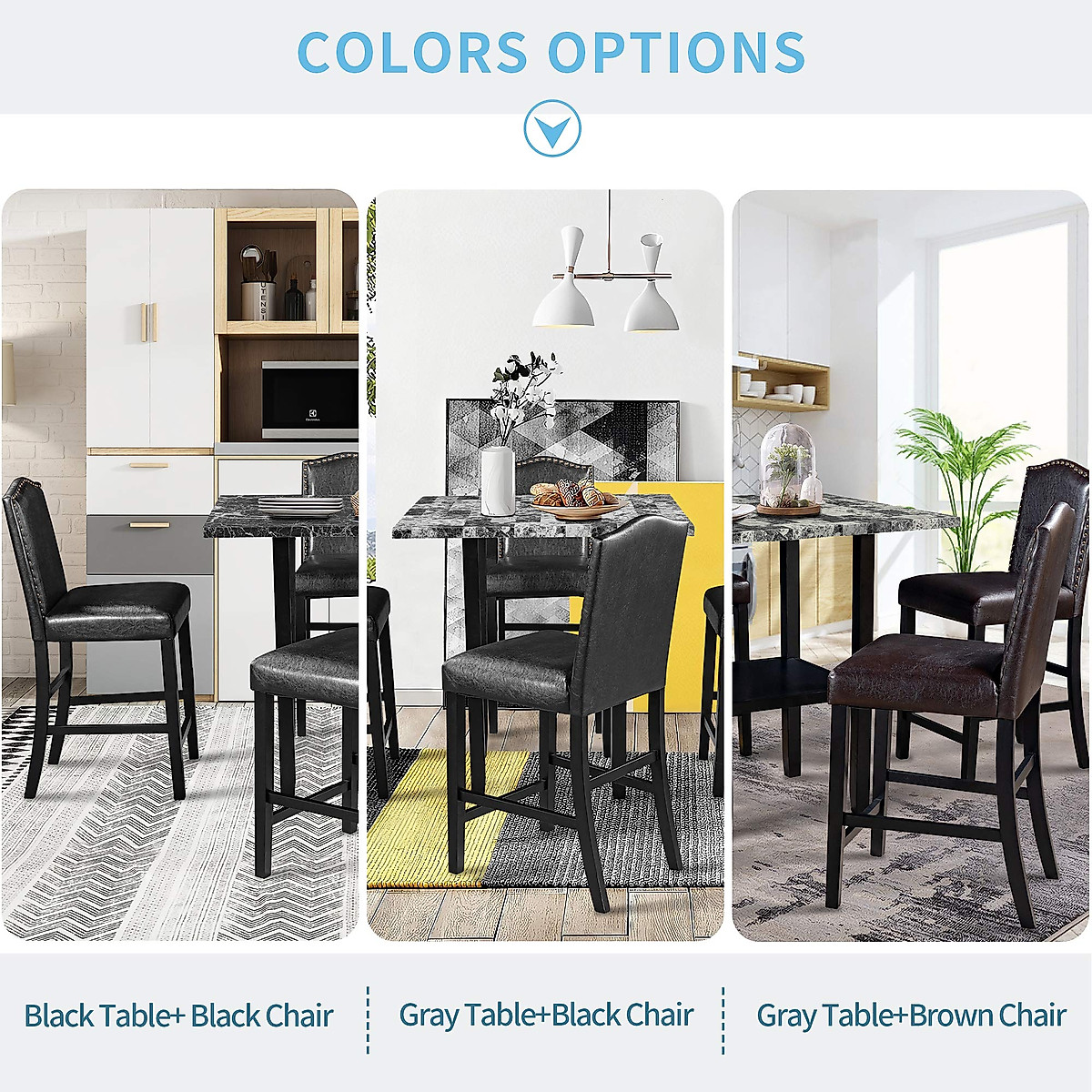 Bellemave Counter Height Dining Table Set with Storage Shelf 5 Piece Bar Height Faux Marble Table and Chairs Dinning Room Breakfast Table Set Pub Table and Chairs Set of 4, Black Chair+Black Table