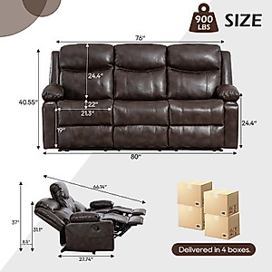 B BAIJIAWEI Reclining Sofa - 3 Seater Manual Recliner with Massage and Heat, Cup Holders, Loveseat Recliner Couch for Living Room(Brown)