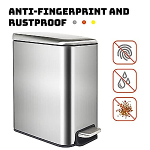 TMTECH Stainless Steel Bathroom Trash Can with Lid Soft-Close and Inner Wastebasket, Rectangular Slim Small Trash Can for Bedroom Kitchen Office, Anti-Fingerprint Brushed, 5L1.3Gal, Silver, (TM)