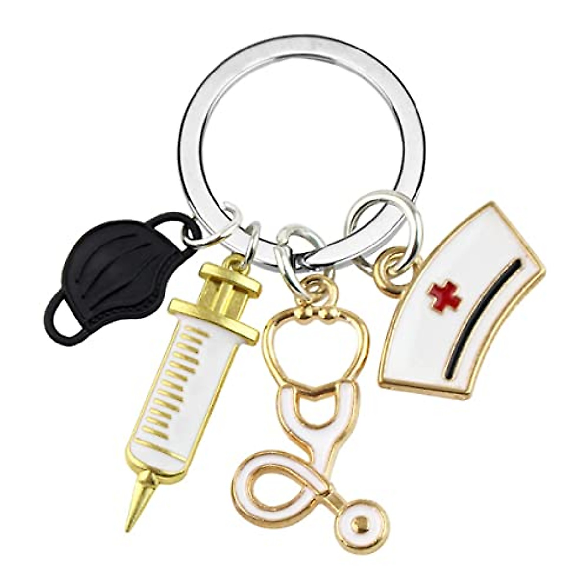 Nurse Doctor Keychain Medical Tool Keyring Mask Stethoscope Syringe Nurse Cap Keychain Medical Gift Jewelry-Black