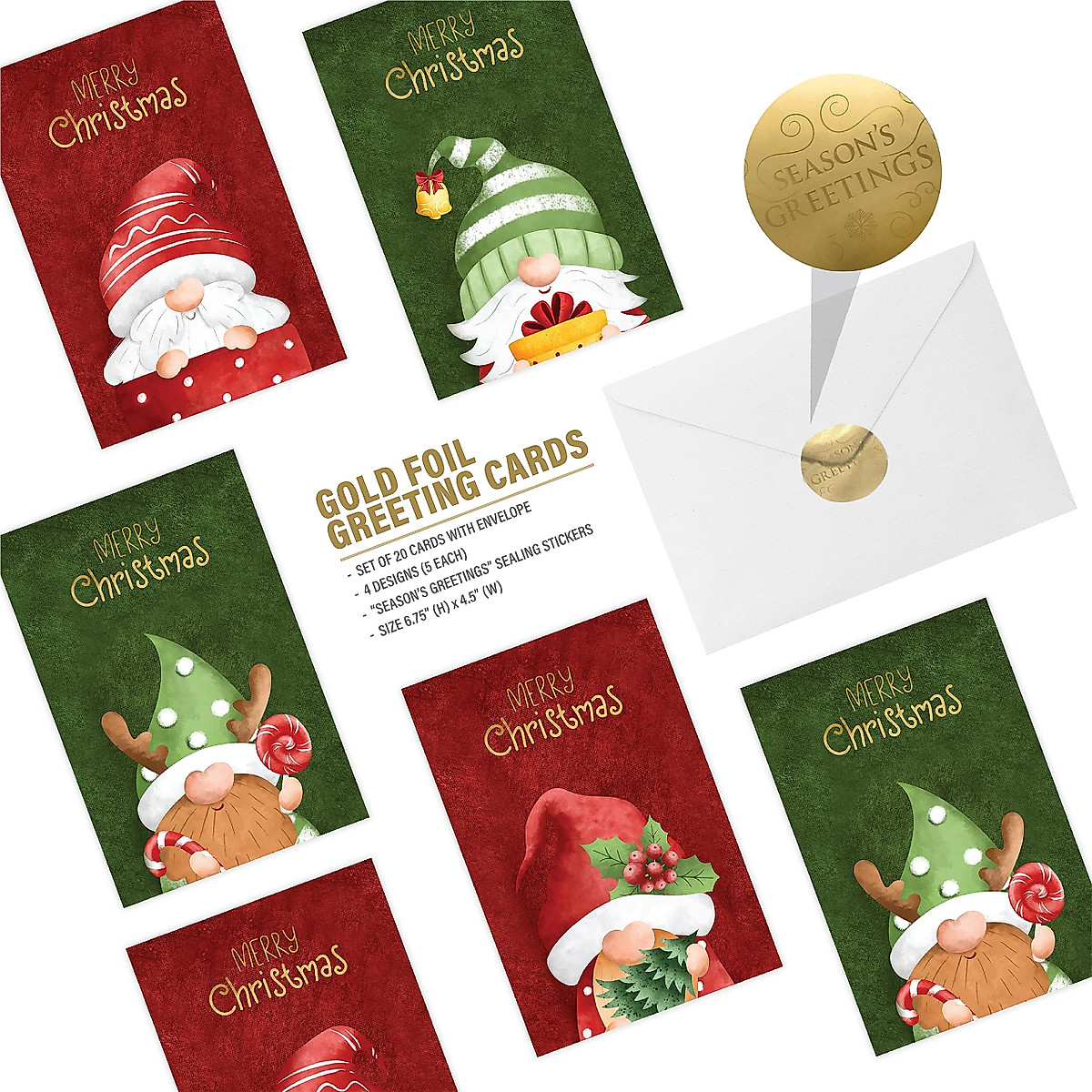 easykart labels 20 Christmas Gnome Cards with Envelopes & Sealing Stickers, 4 Christmas Theme Santa Designs With Gold Foling effect, 6.75" x 4.5" For Friends, Family and loved Ones