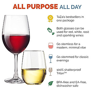 TaZa Assorted Unbreakable Wine Glasses | Stemless and With Stem | Outdoor Wine Glasses for Pool, Camping, Boating, Picnic & More | Dishwasher Safe Shatterproof Glasses Set of 8 (4 Each)